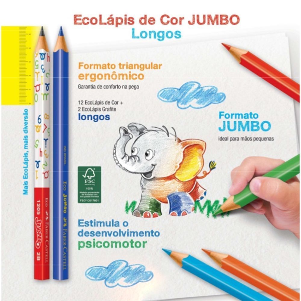 LAPIS DE COR 12 CORES JUMBO 2 LAPIS PT 125012+2 FABER CASTELL ...